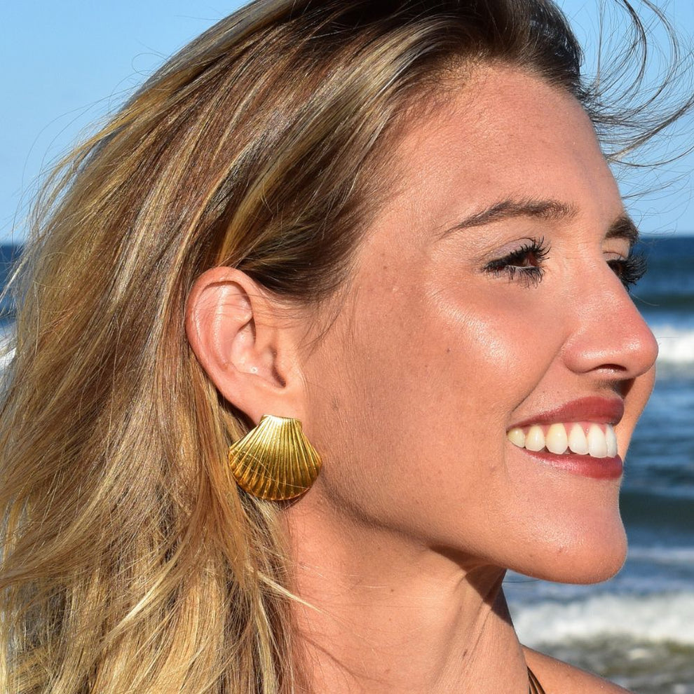 Margot Earrings - Gold Shell Studs | Lightweight Statement – Goldieboxx Jewellery