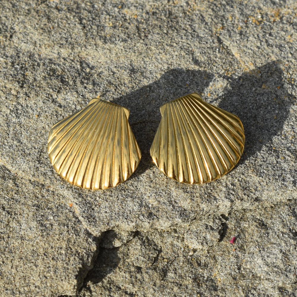 Margot Earrings - Gold Shell Studs | Lightweight Statement – Goldieboxx Jewellery